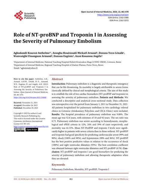 Pdf Role Of Nt Probnp And Troponin I In Assessing The Severity Of Pulmonary Embolism