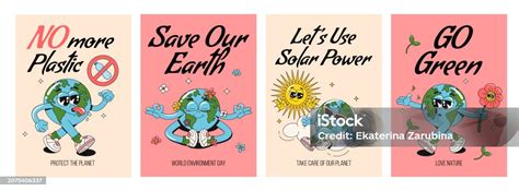동기 부여 복고풍 그루비 포스터 또는 귀여운 지구 행성 캐릭터와 지구 저장 슬로건이 있는 인사말 카드 템플릿 세트 유행 만화