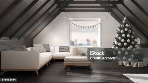 크리스마스 트리 선물 흰색과 회색 스칸디나비아 미니 멀 인테리어 디자인 거실 로프트 12월에 대한 스톡 사진 및 기타 이미지 12월 가정 생활 개념 Istock