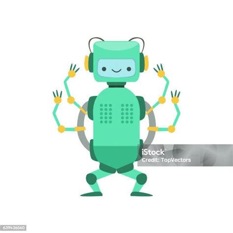 네 팔을 가진 녹색 친화적 인 안드로이드 로봇 캐릭터 과학에 대한 스톡 벡터 아트 및 기타 이미지 과학 관사 기계 부분 Istock