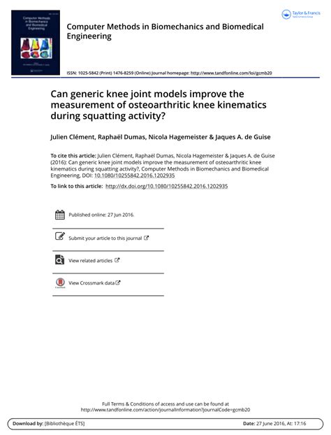 Pdf Can Generic Knee Joint Models Improve The Measurement Of Osteoarthritic Knee Kinematics