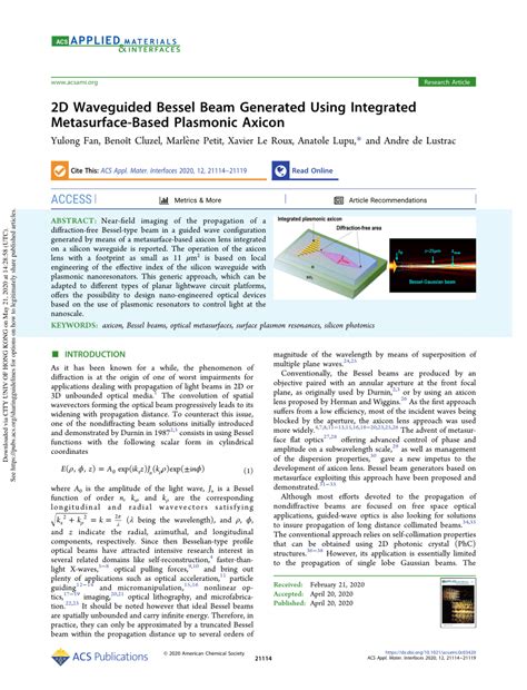 Pdf 2d Waveguided Bessel Beam Generated Using Integrated Metasurface Based Plasmonic Axicon