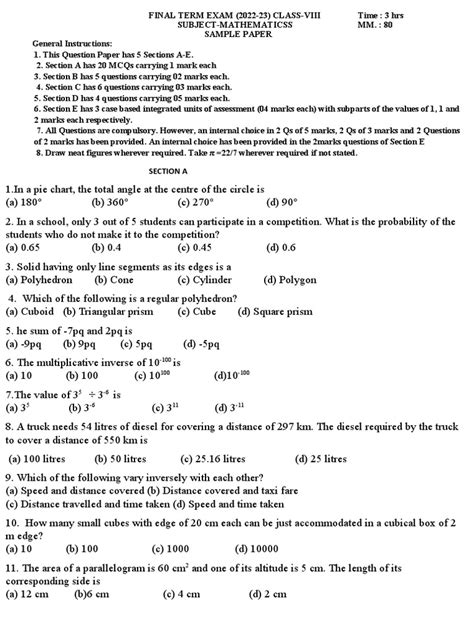 Final Term Sample Paper Pdf Area Cartesian Coordinate System