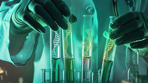 Innovative Genetic Research Scientists Manipulate Strands Of Dna In A Lab Illuminated By Green
