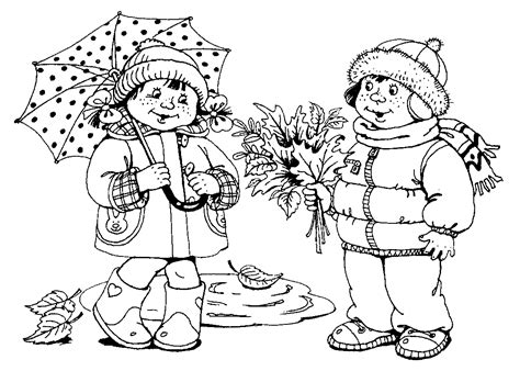 Дети в осенней одежде раскраска №12715