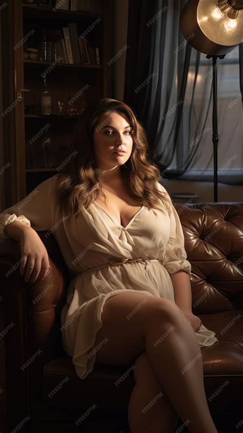 Premium Photo Beautiful Chubby Girl Sitting On A Sofa Generative Ai