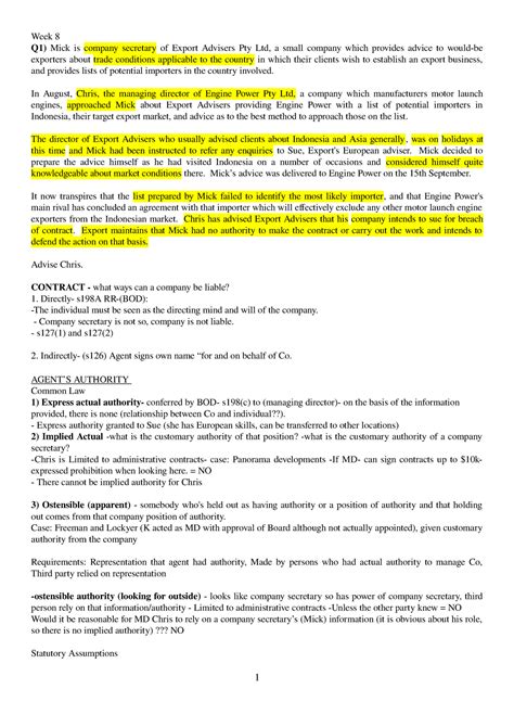 tutorial exercise no 8 tute 8 answ week 8 q1 mick is company secretary of export advisers