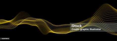 금 입자의 물결 추상 기술 흐름 배경 사운드 메쉬 패턴 또는 그리드 풍경 디지털 데이터 구조는 점 요소로 구성됩니다 향후 벡터 그림입니다 0명에 대한 스톡 벡터 아트 및