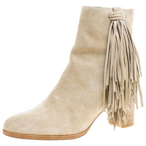 Christian Louboutin Beige Suede Tassel Detail Block Heel Ankle Boots Size 375 At 1stdibs