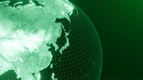일본과 아시아 세계지도 기술 및 미래 녹색 선 빛나는 지구 배경의 3d 렌더링 프리미엄 사진