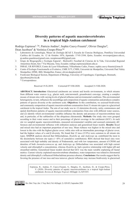 Pdf Diversity Patterns Of Aquatic Macroinvertebrates In A Tropical High Andean Catchment