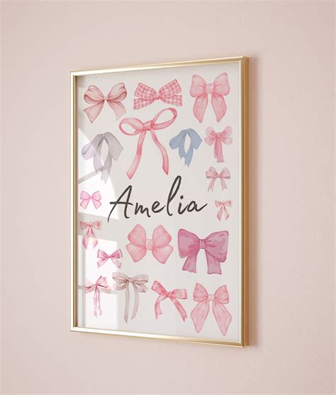 Trendy Pink Bows Wall Art Pink Bow Printcustom Name Coquette