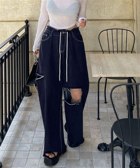 [허리조절o] 위너 진청 스트링 끈 찢어진 와이드 청바지 찢청 컷팅 데님 팬츠 빅사이즈 에이블리