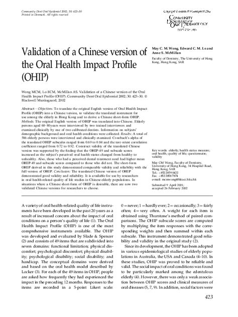 Pdf Validation Of A Chinese Version Of The Oral Health Impact Profile Ohip