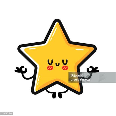 귀여운 해피 스타 사인 캐릭터는 요가 포즈에 명상 벡터 핸드 그린 만화 가와이 캐릭터 일러스트 아이콘 흰색 배경에 격리 별 등급 기호 리뷰 낙서 문자 개념 0명에 대한 스톡