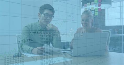Financial Data Charts Image Over Business Colleagues Discussing Work At