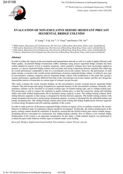Pdf Evaluation Of Non Emulative Seismic Resistant Precast Segmental Bridge Columns