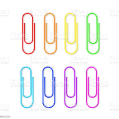 그림자와 현실적인 다채로운 종이 클립 첨부 파일 세트 파일 비즈니스 문서를 첨부합니다 클립 아이콘입니다 흰색 배경에서 격리된 벡터 그림 0명에 대한 스톡 벡터 아트 및 기타