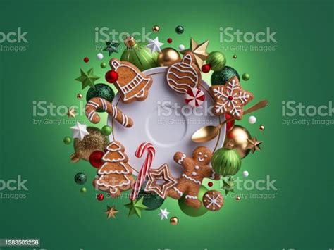 3d 렌더링 크리스마스 플랫 녹색 배경 위에 누워 축제 간식 진저 브레드 쿠키 사탕 지팡이로 가득 찬 흰색 도자기 접시 홀리데이