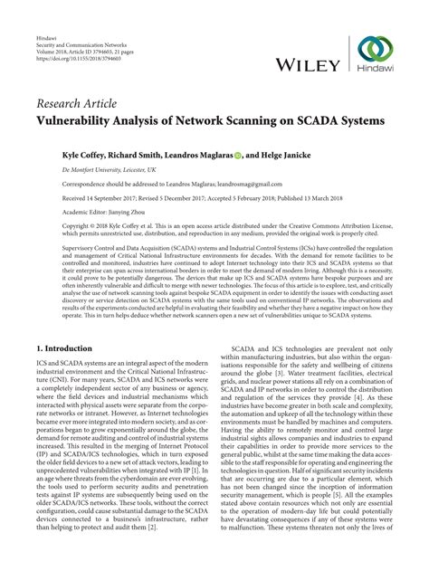 Research Article Vulnerability Analysis Of Network Scanning On Scada Systems Docslib