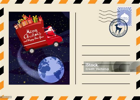 스탬프와 마크크리스마스와 새해 엽서 밴은 선물을 전달하는 드라이버로 지구 산타 클로스 위의 밤 하늘을 통해 비행 편평한 만화 스타일 벡터 일러스트 인사말 카드 포스터 배너