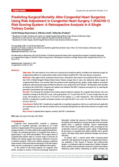Pdf Predicting Surgical Mortality After Congenital Heart Surgeries Using Risk Adjustment In