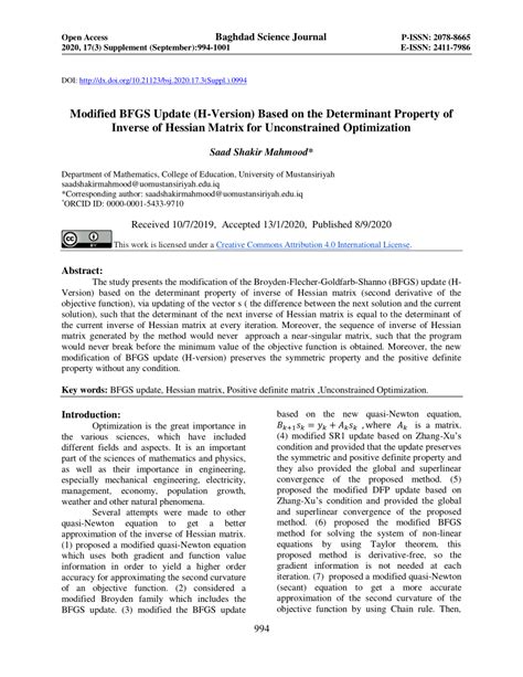 Pdf Modified Bfgs Update H Version Based On The Determinant Property Of Inverse Of Hessian