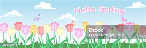 컬러 튤립과 나비가 있는 가로 배경 텍스트 공간이 있는 봄 보기 벡터 그림 봄 꽃 튤립 포스터 및 배너 디자인 0명에 대한 스톡