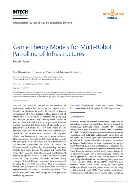 Pdf Game Theory Models For Multi Robot Patrolling Of Infrastructures