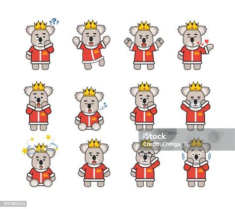 다양한 감정 얼굴 표정을 보여주는 코알라 왕 캐릭터 세트 가공의 인물에 대한 스톡 벡터 아트 및 기타 이미지 가공의 인물 개체 그룹 국왕 Istock