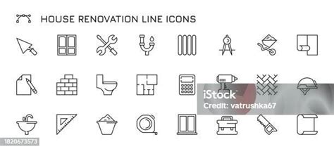 홈 리노베이션 라인 아이콘입니다 손톱 스크루 드라이버는 계약자 개조 및 건물 유지 보수를 위해 도르 및 창 라인을 톱질했습니다 벡터 컬렉션 Diy에 대한 스톡 벡터 아트 및