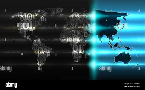 Binary Code World Map With With A Background Of Abstract Circuit Boards
