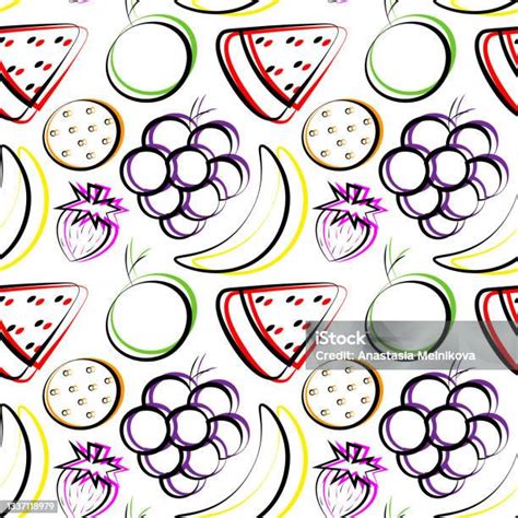윤곽선 오렌지 사과 바나나 포도 수박 파인애플 딸기가 있는 매끄러운 벡터 패턴 건강한 식생활에 대한 스톡 벡터 아트 및 기타