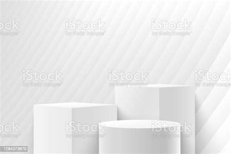 현대 웹 사이트에 제품에 대한 추상 큐브 및 원형 디스플레이 포디움과 최소한의 흰색 텍스처 벽 장면 3d 렌더링 기하학적 모양 회색 으로 배경 렌더링 벡터 일러스트레이션 1