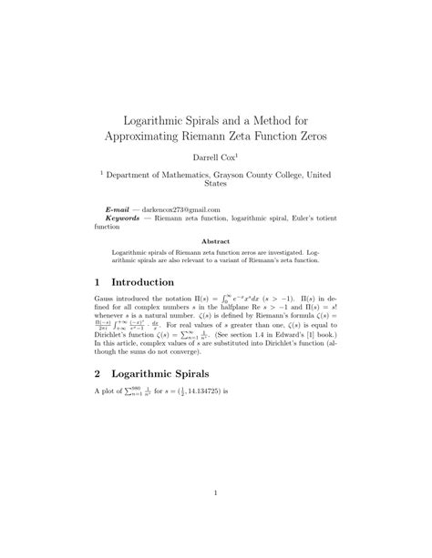 Pdf Logarithmic Spirals And A Method For Approximating Riemann Zeta