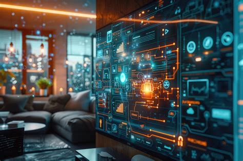 Futuristic Smart Home Control Interface On Digital Display In Modern Living Room Stock