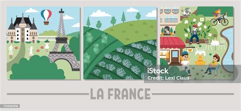 벡터 파리 풍경 삽화 세트입니다 사람들이 있는 프랑스 수도 에펠탑 성 라벤더 밭 강 공원 마임 와인 야드가 있는 귀여운 프랑스 광장 배경 도시에 대한 스톡 벡터 아트 및