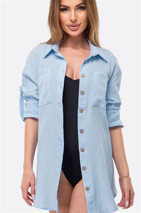 Женская пляжная рубашка оверсайз из муслина Happyfox 6690060 голубой ...