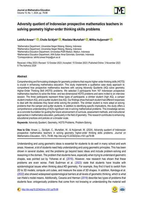 Pdf Adversity Quotient Of Indonesian Prospective Mathematics Teachers In Solving Geometry