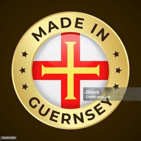 Made In Guernsey 벡터 그래픽 건지의 국기와 건지에서 만든 텍스트가 있는 둥근 황금 라벨 배지 엠블럼 어두운 배경에 고립 3차원 형태에 대한 스톡 벡터 아트 및