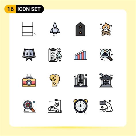 Set Of 16 Commercial Flat Color Filled Lines Pack For Nature Fire Travel Camping Metal Editable