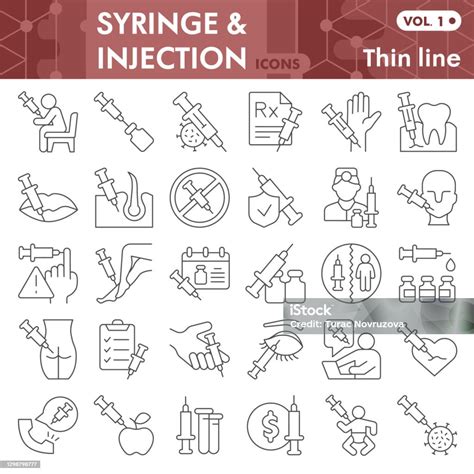 주사 얇은 선 아이콘 세트 의료 주사기 기호 컬렉션 또는 스케치 웹 및 앱에 대한 건강 및 의료 선형 스타일 표지판 흰색
