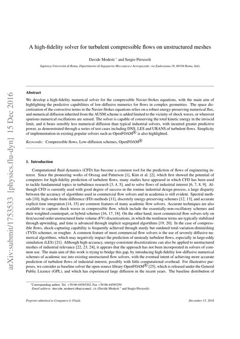 Pdf A High Fidelity Solver For Turbulent Compressible Flows On Unstructured Meshes