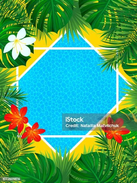 열 대 프레임 벡터 일러스트입니다 수영 풀 꽃 정글 식물 손바닥 지점 디자인 세로 테두리 프레임입니다 아름 다운 초대 카드 프로 모션 포스터에 대 한 트로픽 디자인 밝은