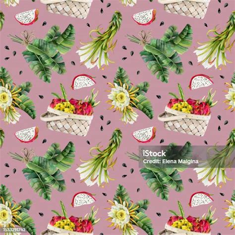 열대 과일은 수확과 야자수 잎 꽃과 조각으로 먼지 분홍색 배경에 수채화 무늬가 있다 여름 메뉴 직물 이국적인 디자인에 대한 손으로 그린 그림 0명에 대한 스톡 벡터 아트 및