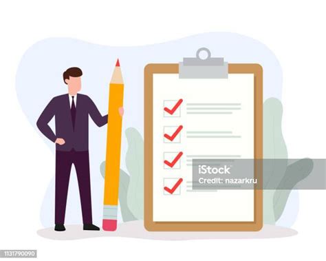 큰 연필을 들고 사업가 클립 보드에 완료 된 체크 리스트를 보고 비즈니스 작업 및 목표 성과의 성공적인 완료 체크리스트에 대한