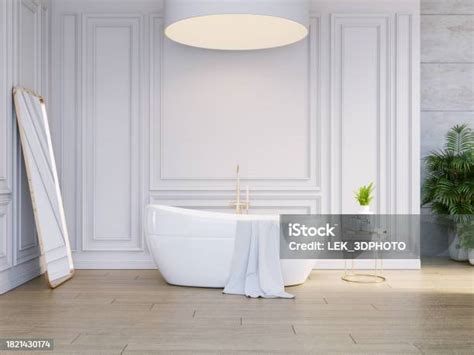 Modern 고전적인 목욕탕 인테리어 목제 도와 및 백색 벽에 백색 욕조 3drender 0명에 대한 스톡 사진 및 기타 이미지 Istock