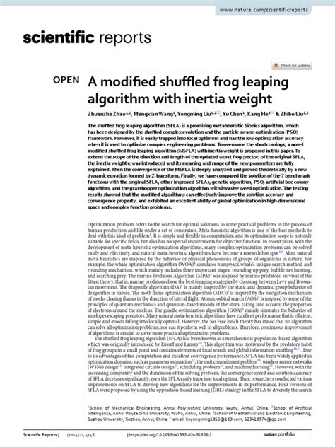 A Modified Shuffled Frog Leaping Algorithm With Inertia Weight Pdf Mathematical Optimization