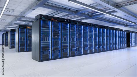 supercomputer and advanced cloud computing concept inside large bright