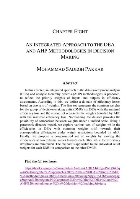 Pdf An Integrated Approach To The Dea And Ahp Methodologies In Decision Making